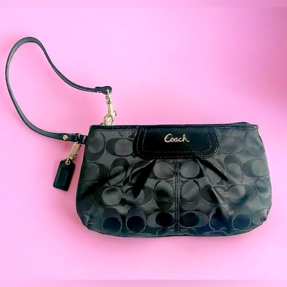 Coach | Bags | Coach Signature Monogram Black Sateen Madison Wristlet ...